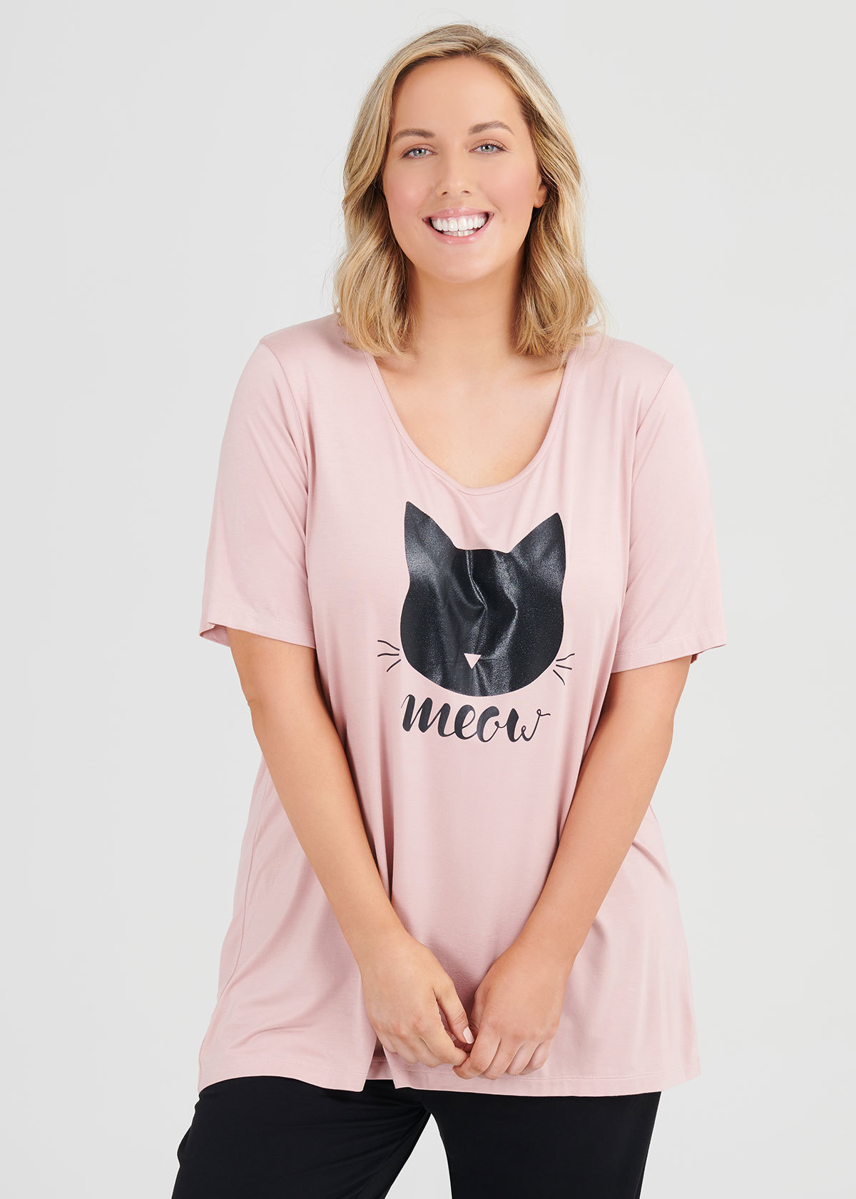 Shop Plus Size Bamboo Meow Pj Top, Pink | Taking Shape NZ