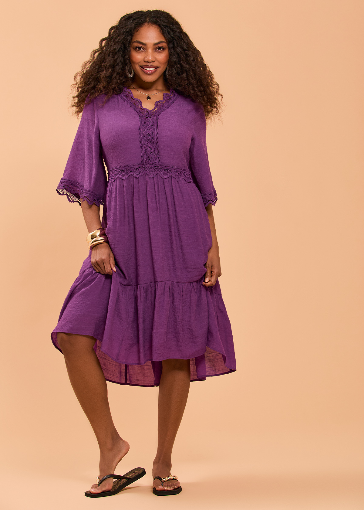 Shop Plus Size Natural Lace Trim Tiered Dress, Purple | Taking Shape NZ