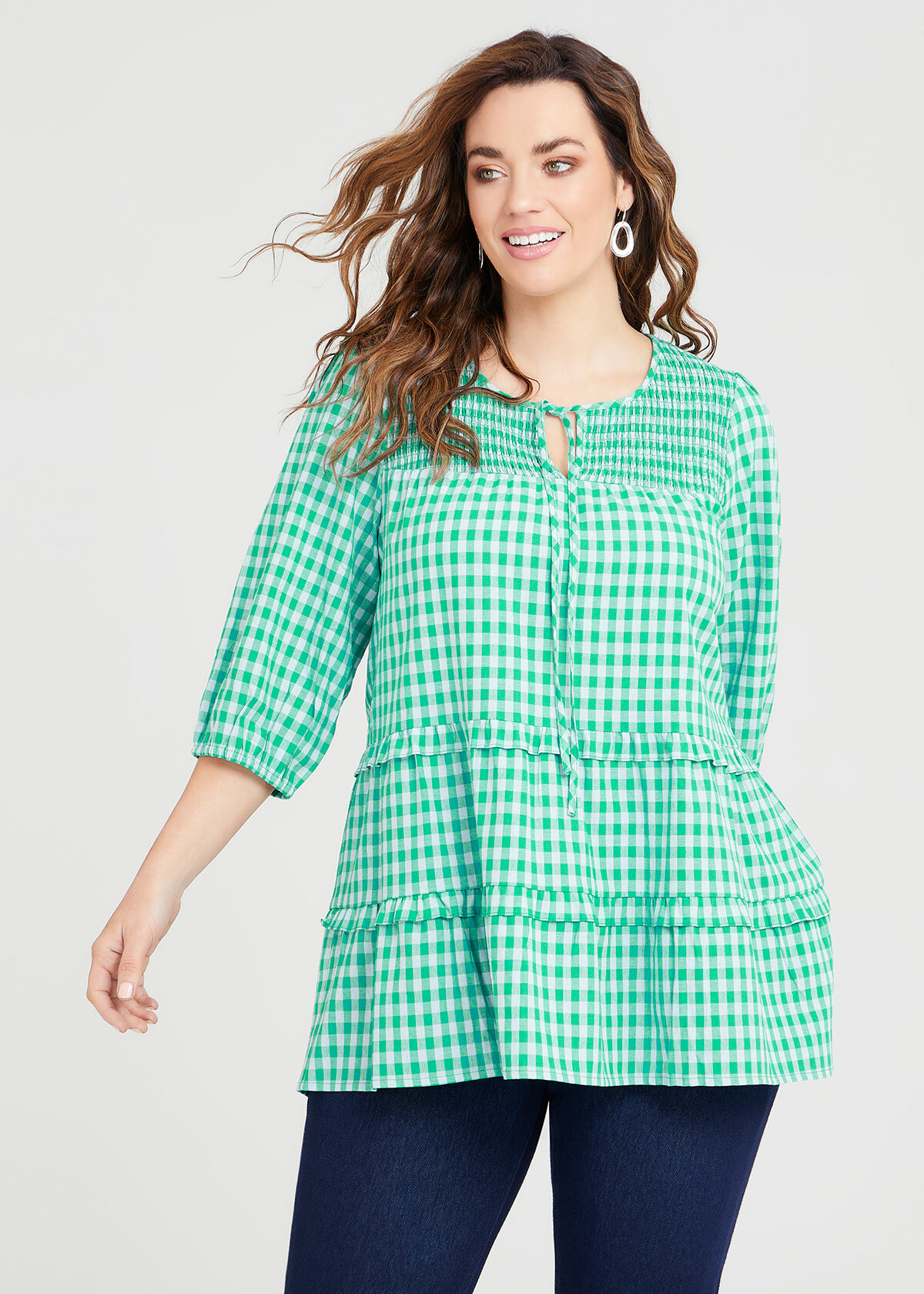 Shop Plus Size Cotton Blend Gingham Frill Top, Green | Taking Shape AU