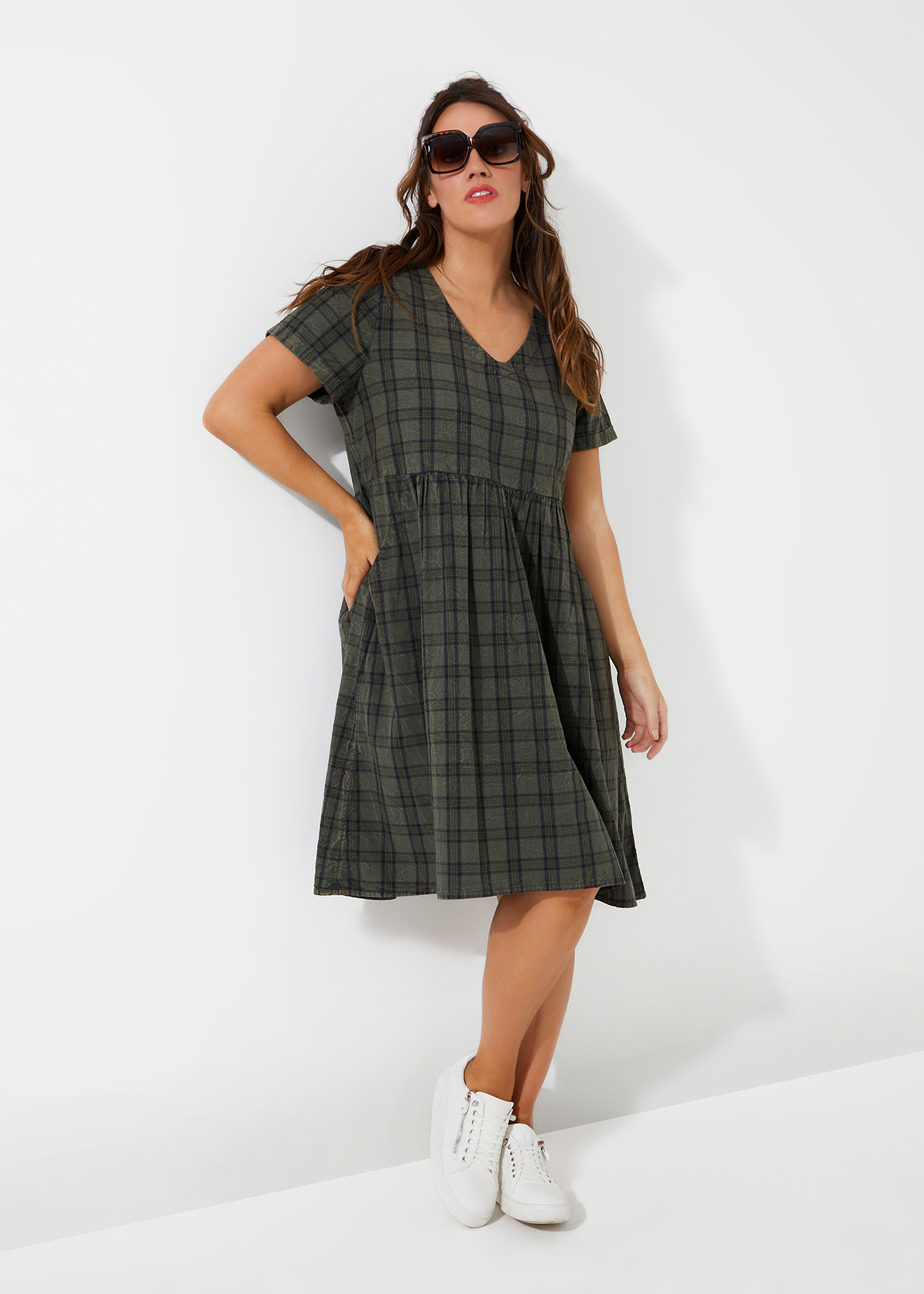 Shop Plus Size Cotton Check V Neck Dress, Green | Taking Shape AU