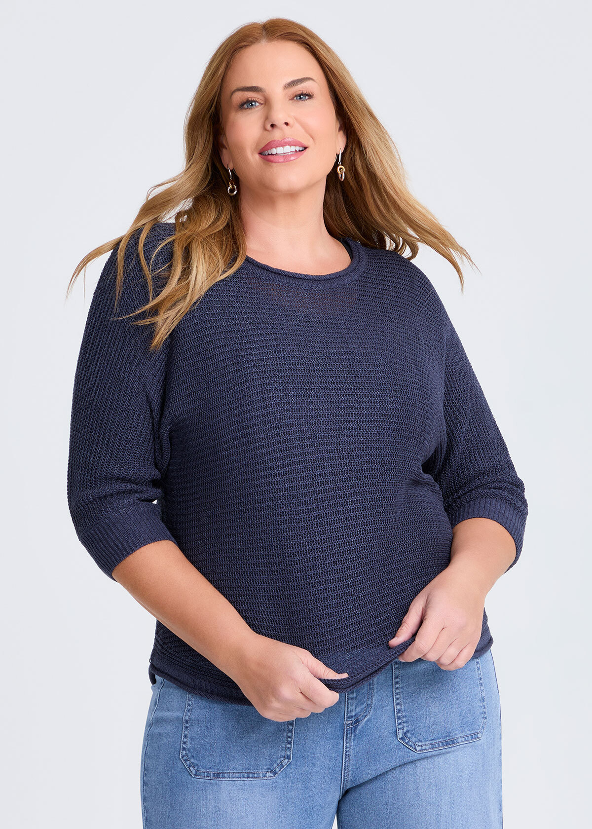 Shop Plus Size Open Knit 3/4 Sleeve Jumper, Blue | Taking Shape NZ