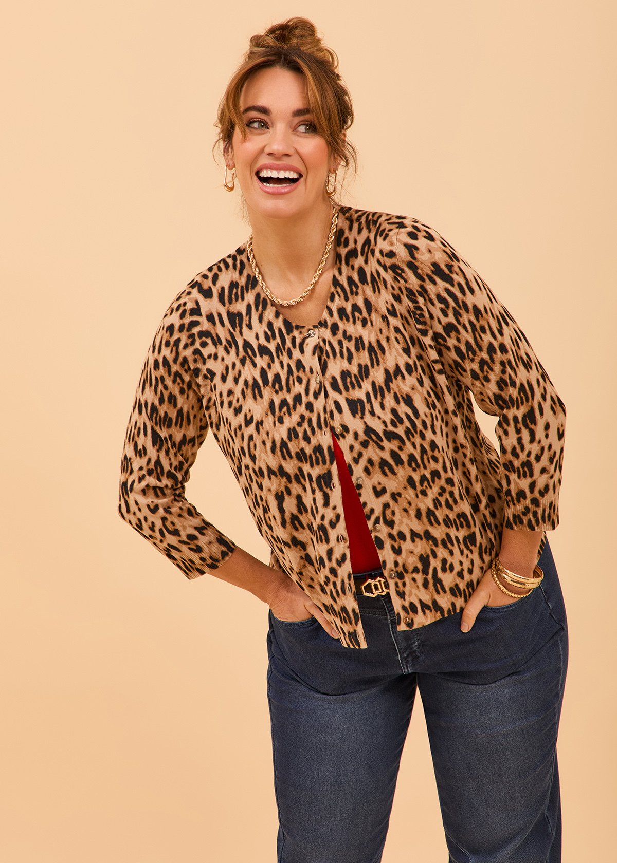 Shop Plus Size Leopard Print Natural Cardigan, Brown | Taking Shape NZ
