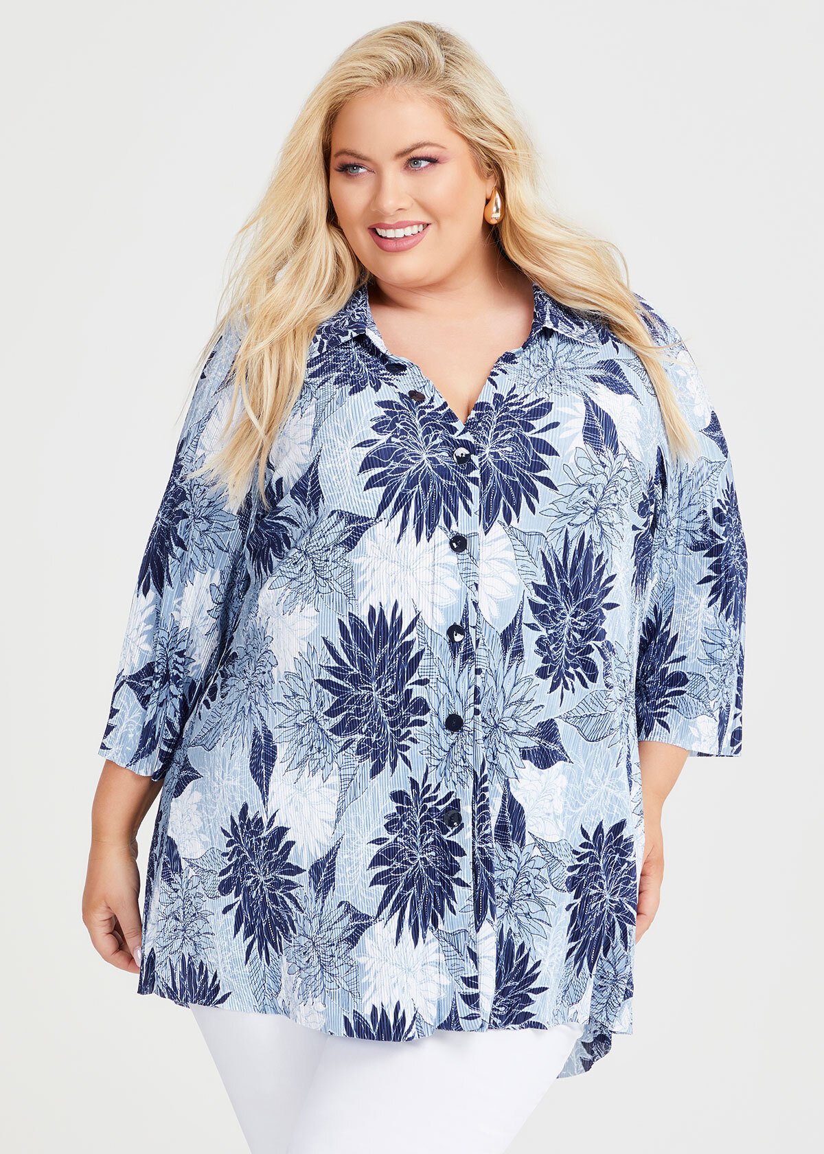 Shop Plus Size Plisse Floral Shirt, Blue | Taking Shape AU