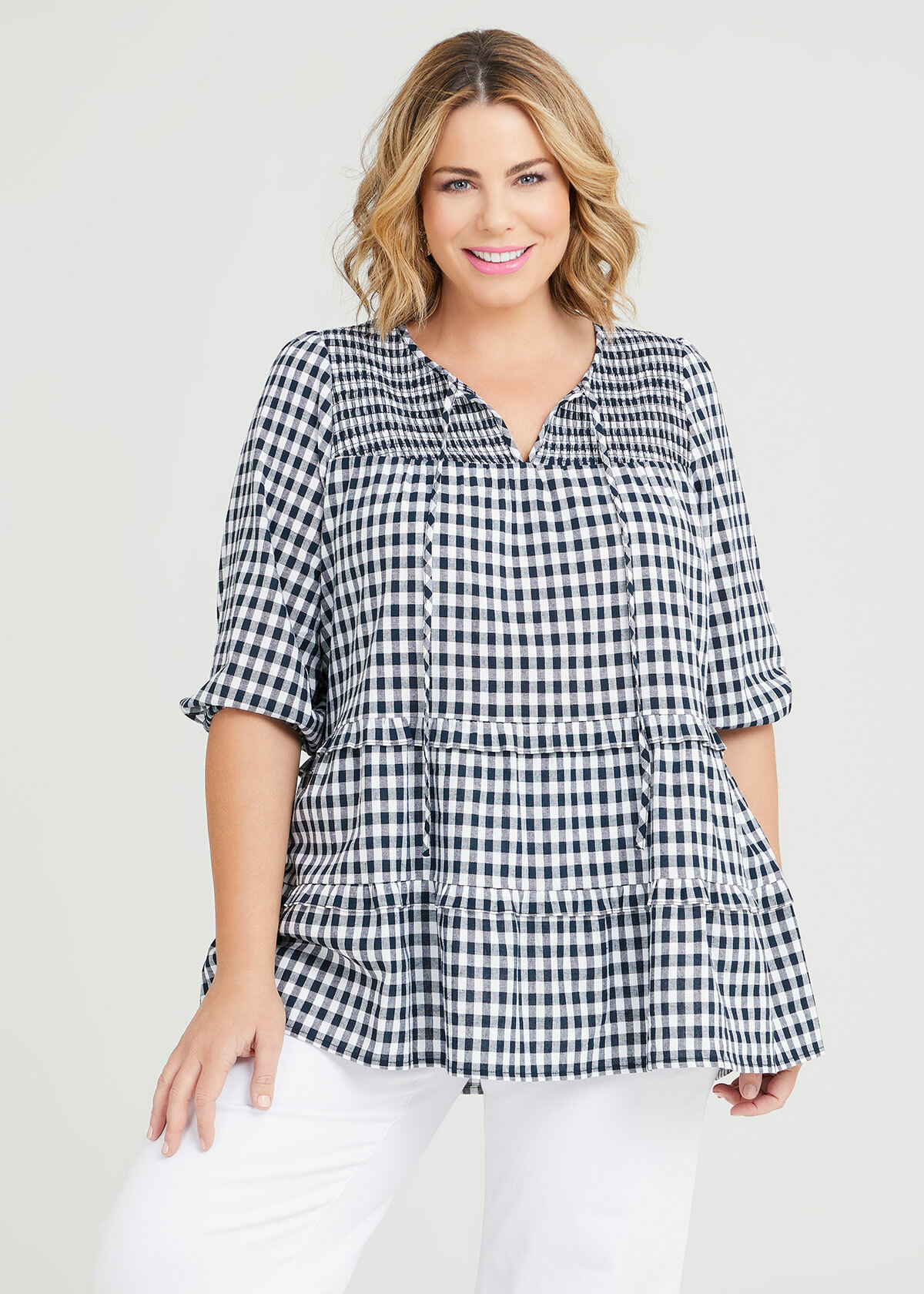 Shop Plus Size Cotton Blend Gingham Frill Top, Blue | Taking Shape AU