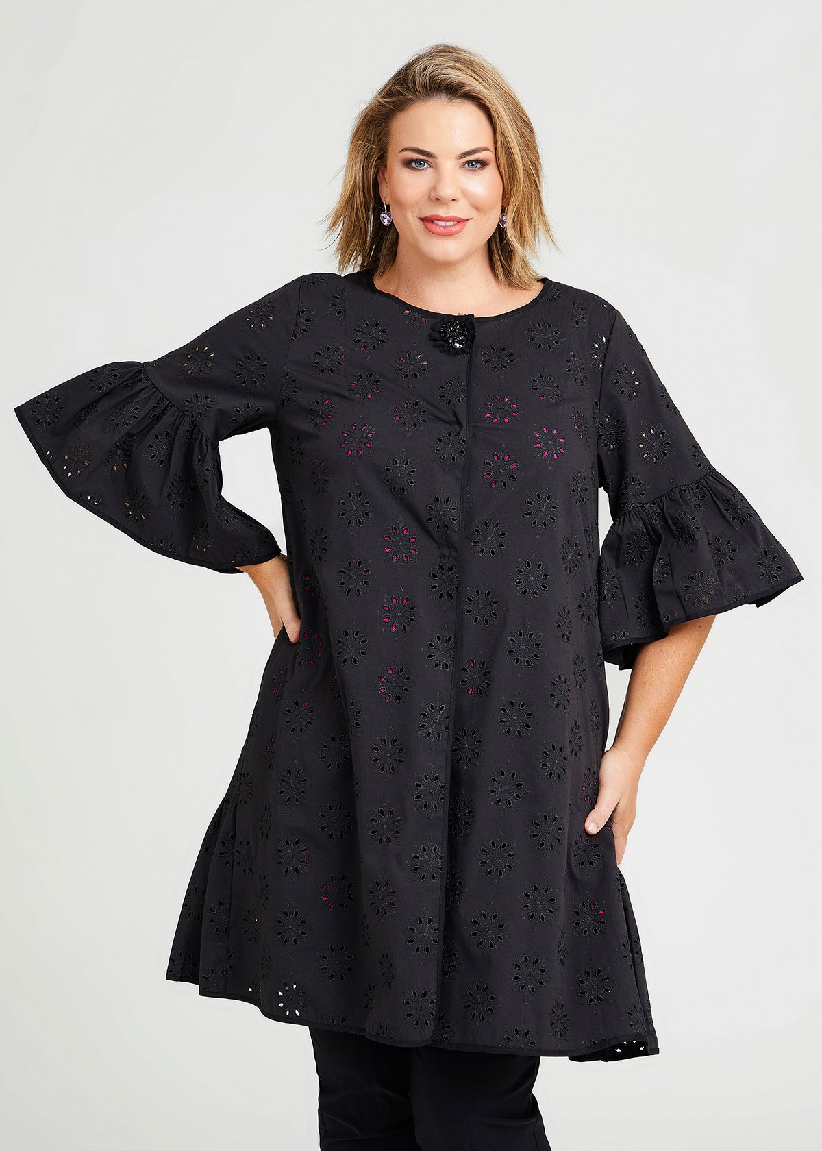 Shop Plus Size Broderie Ruffle Jacket in Black | Taking Shape NZ