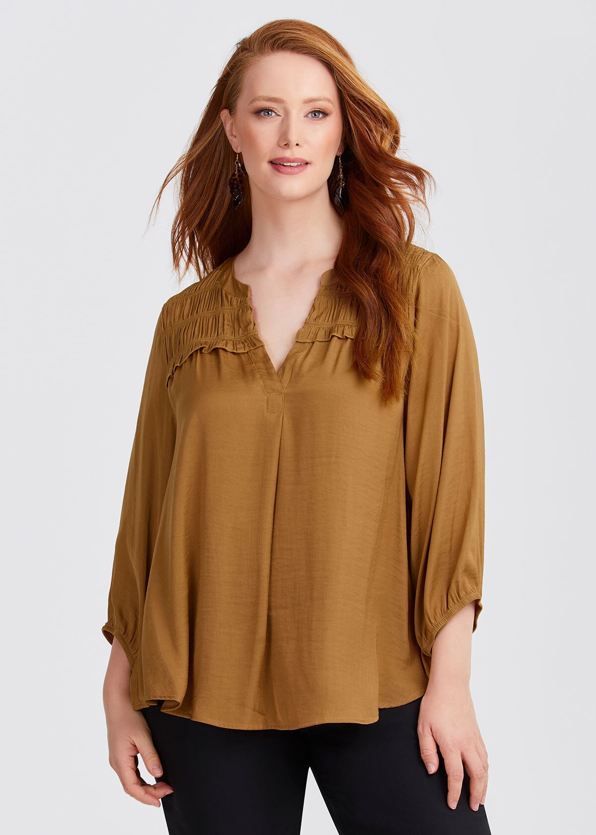 Shop Plus Size Luxe Florence Shirring Top, Brown | Taking Shape AU