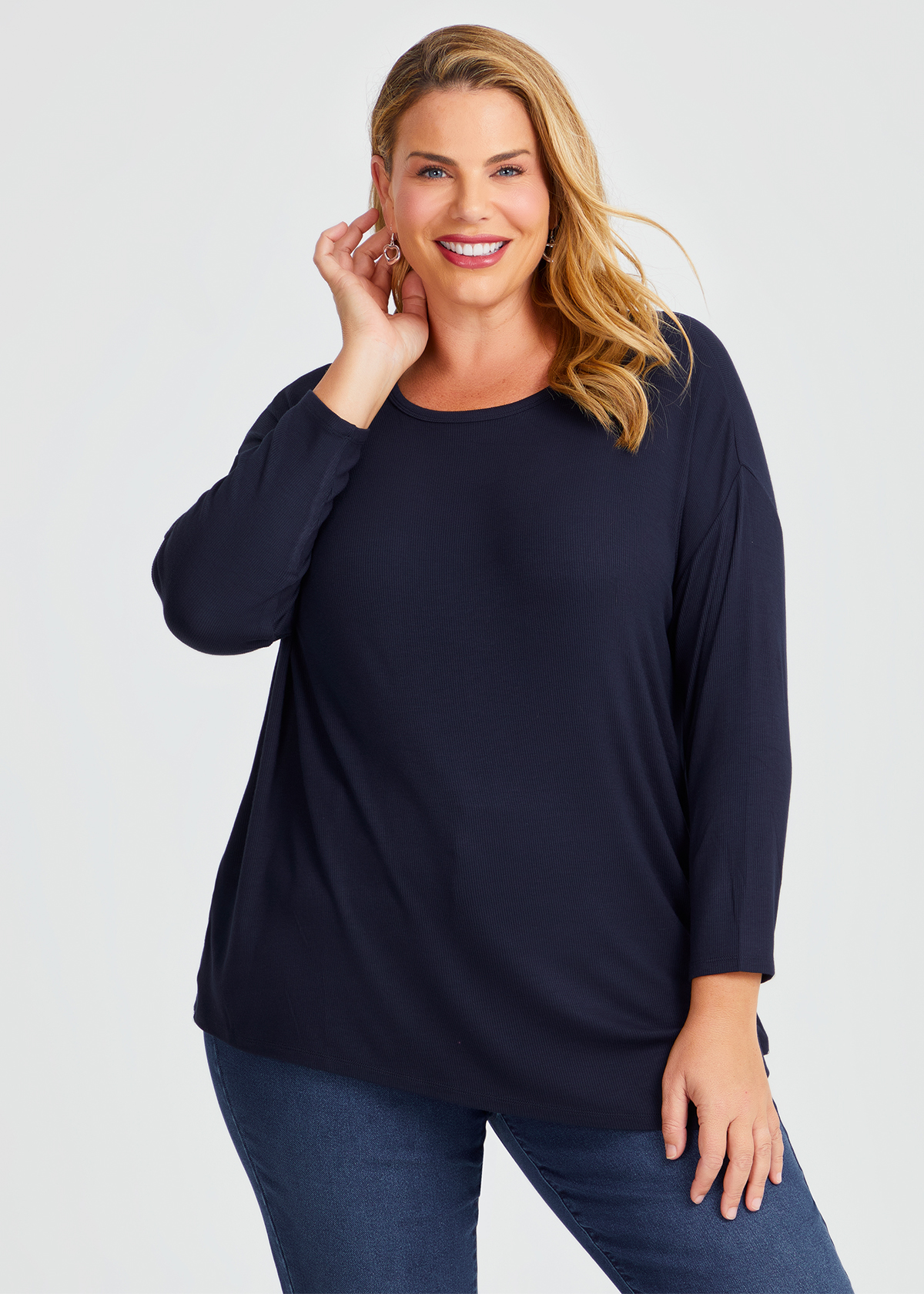 Shop Plus Size Natural Asymmetrical Rib Top, Navy | Taking Shape AU