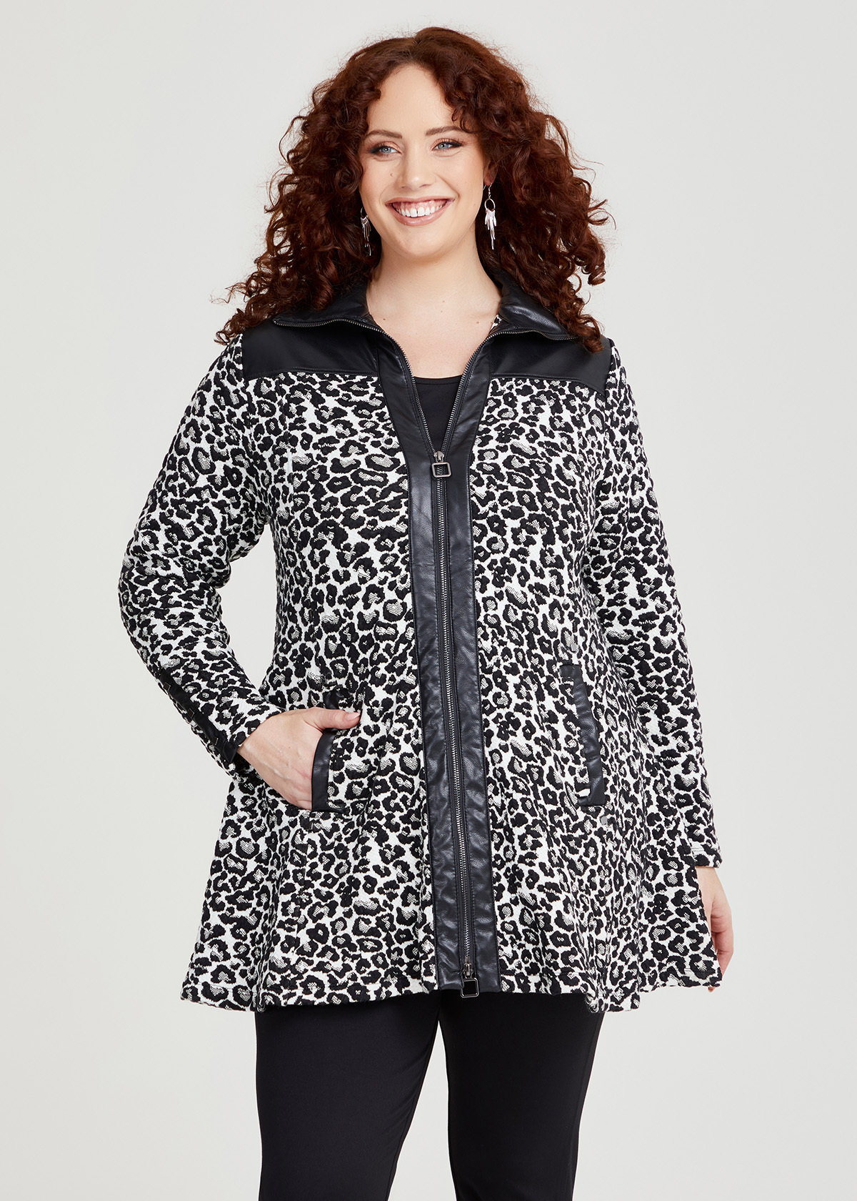 Shop Plus Size Jacquard & Faux Leather Zip Jacket, Black | Taking Shape AU
