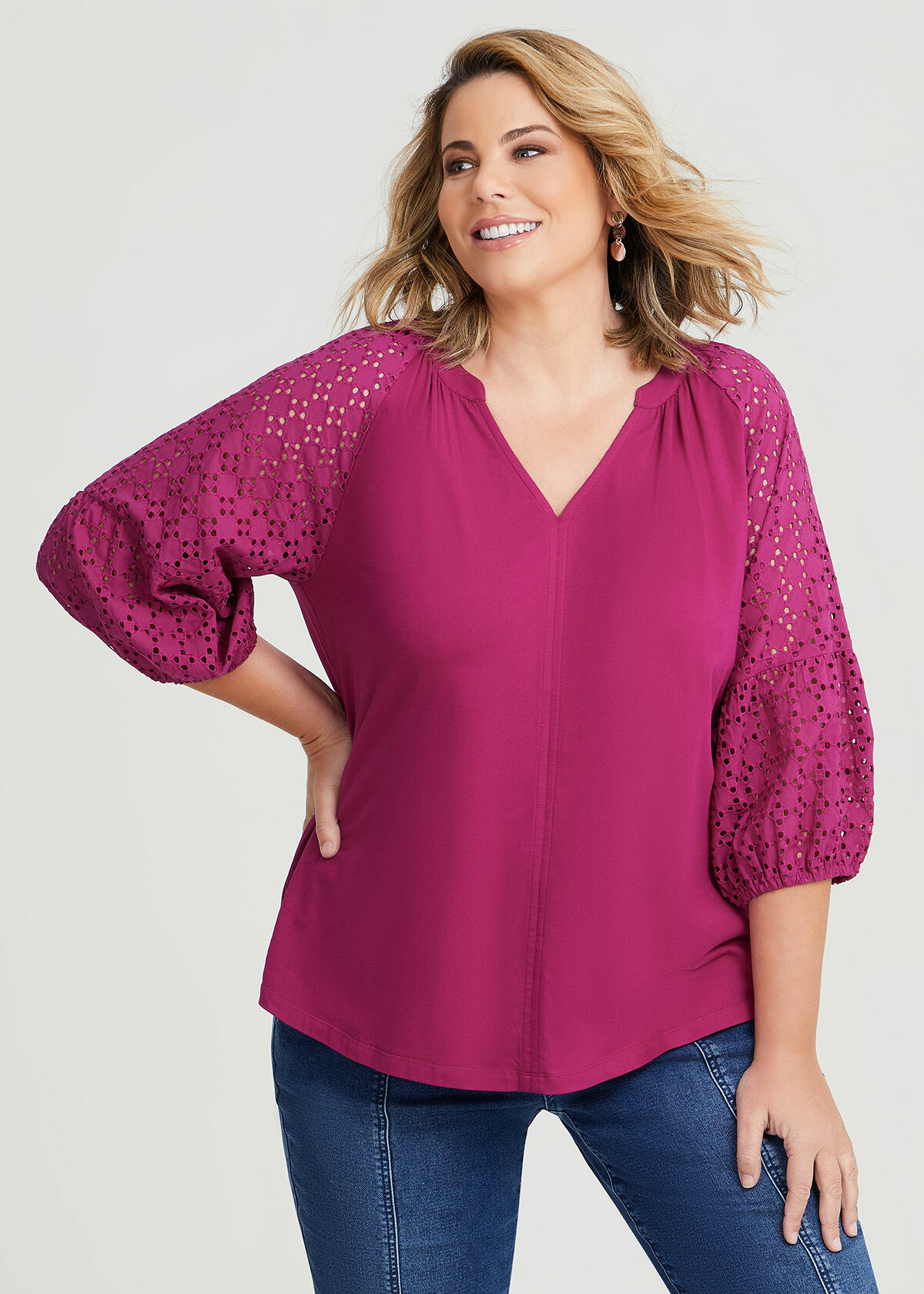 Shop Plus Size Cotton Broderie Notch Top in Red | Taking Shape AU