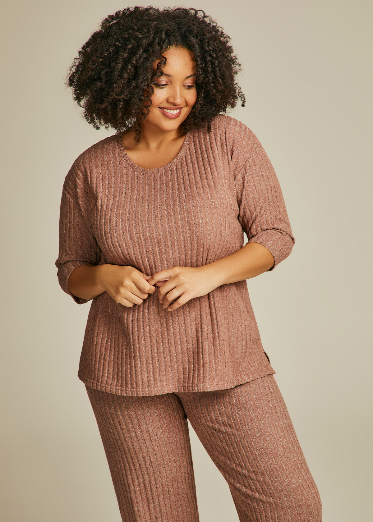 Shop Plus Size Cosy Rib Lounge Top, Brown | Taking Shape NZ