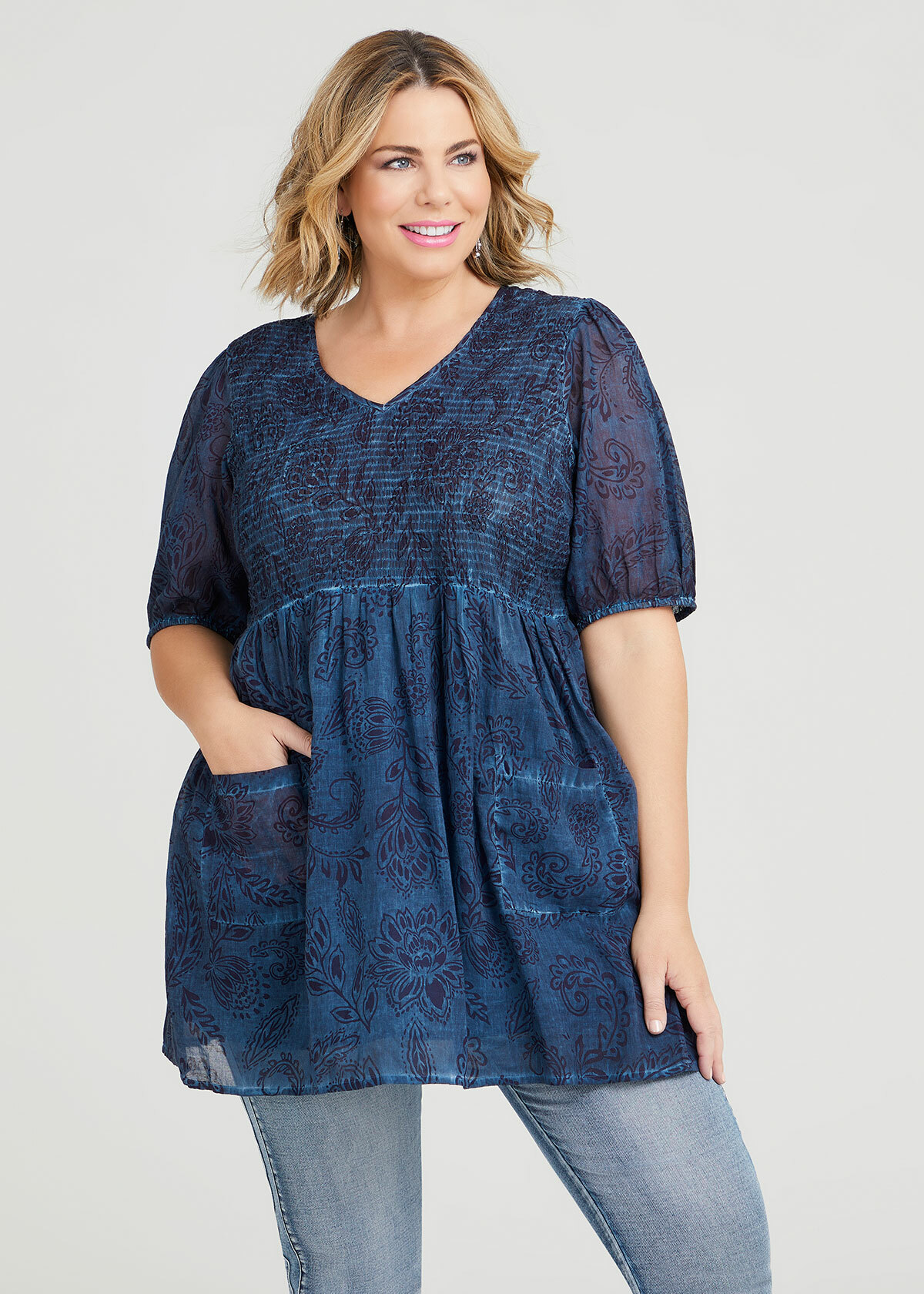 Shop Plus Size Cotton Pigment Print Shirred Tunic in Blue | Taking Shape AU