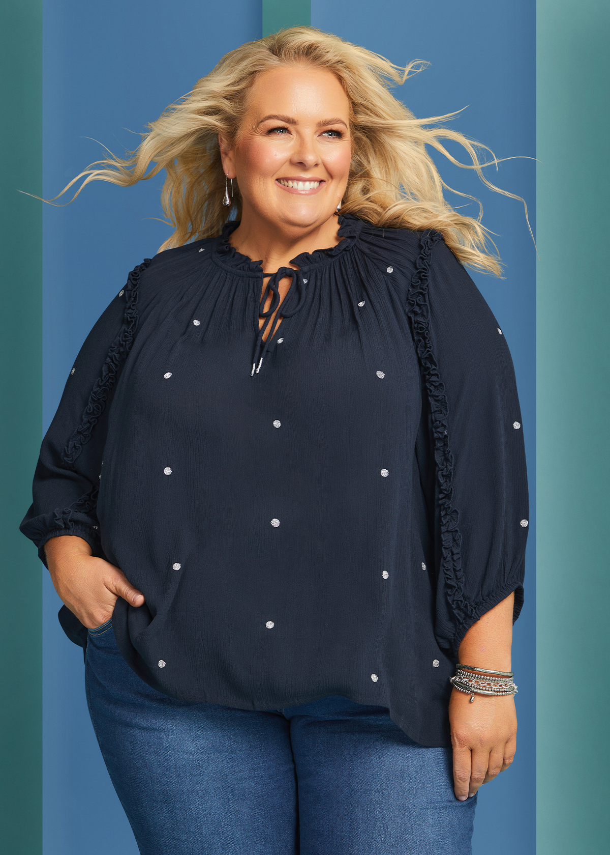 Shop Plus Size Natural Embroidered Spot Top, Blue | Taking Shape AU