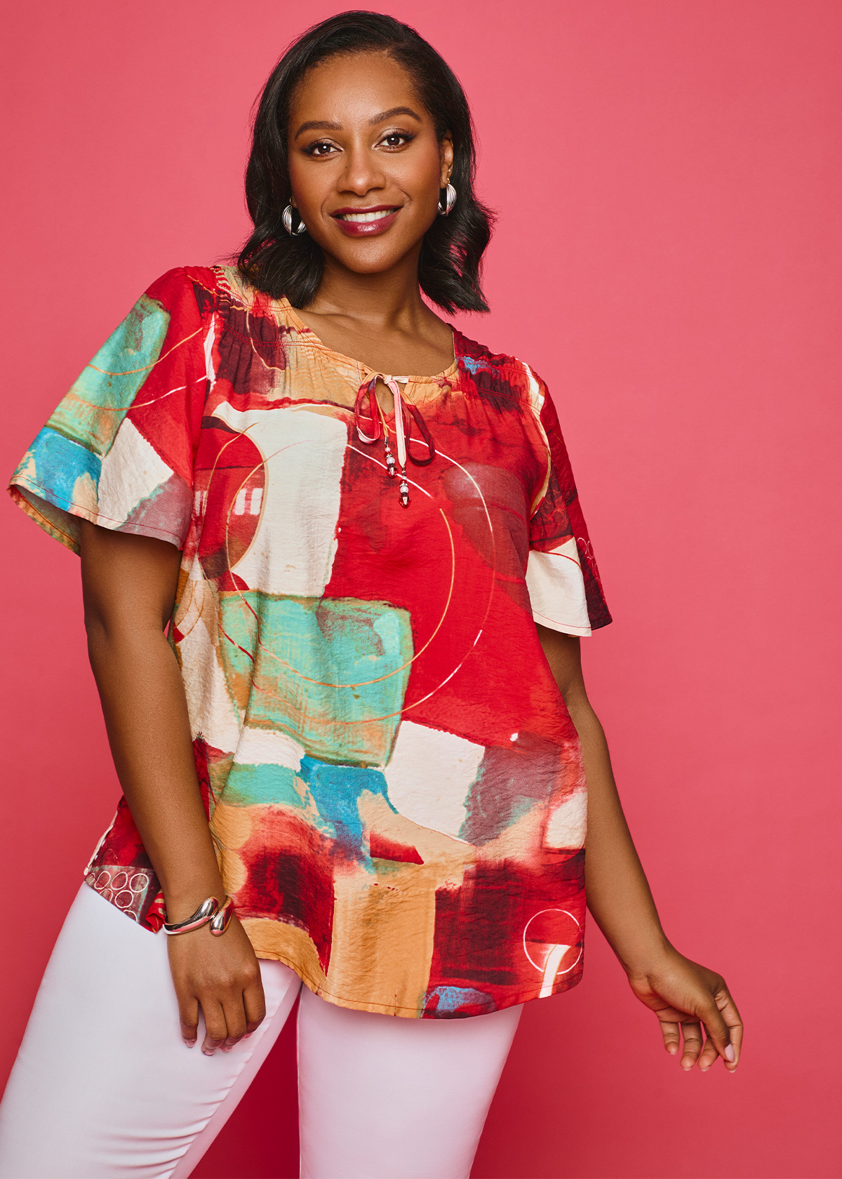 Shop Plus Size Tie Front Shirring Natural Top, Multi | Taking Shape AU