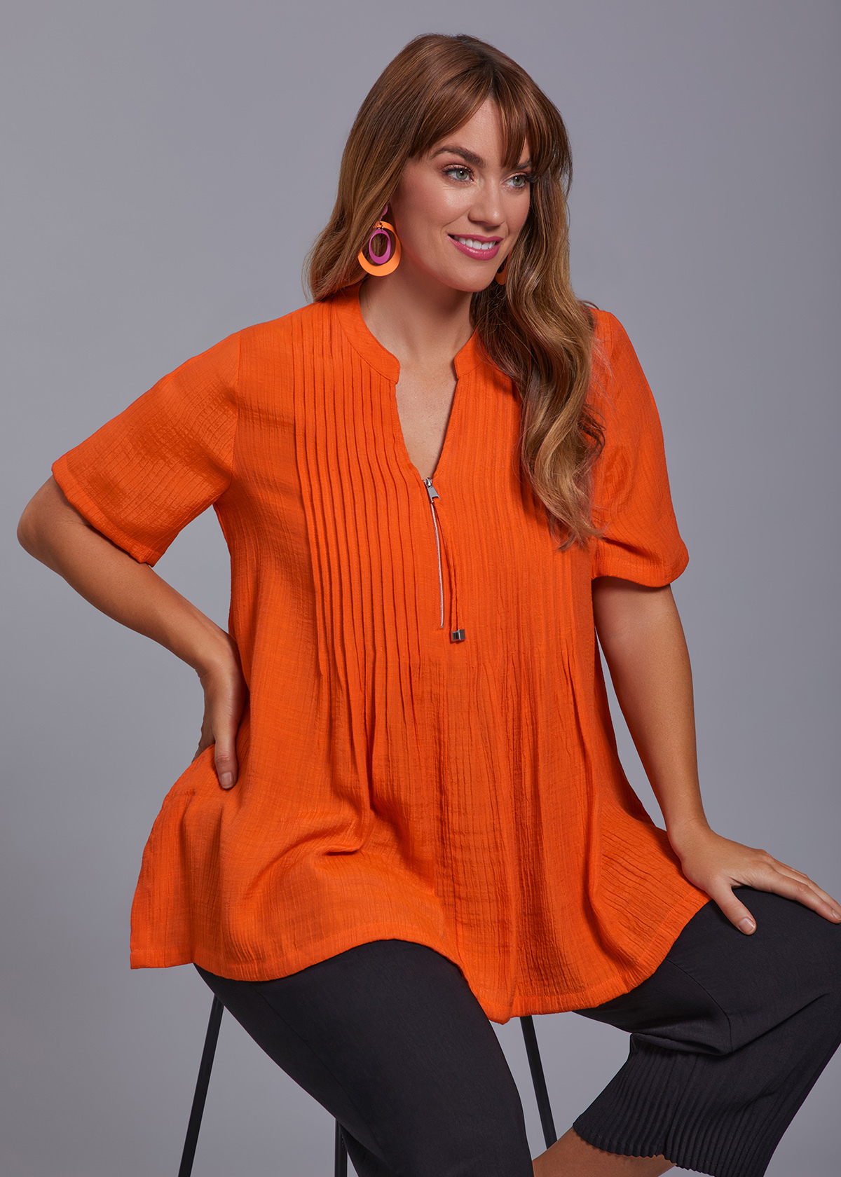 Shop Plus Size Zoe Zip Neck Pintuck Crinkle Top, Orange | Taking Shape AU