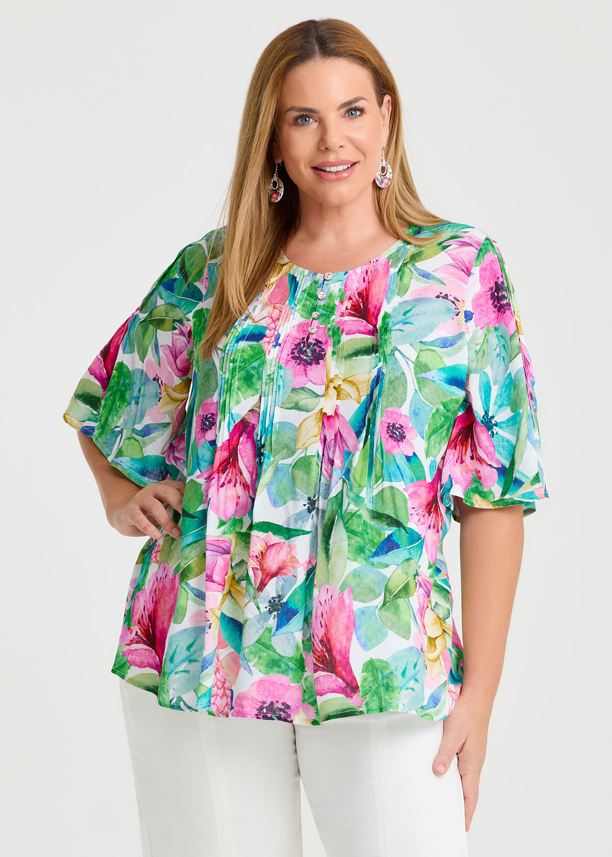 Shop Plus Size Natural Resort Palm Pintuck Top, Floral | Taking Shape NZ