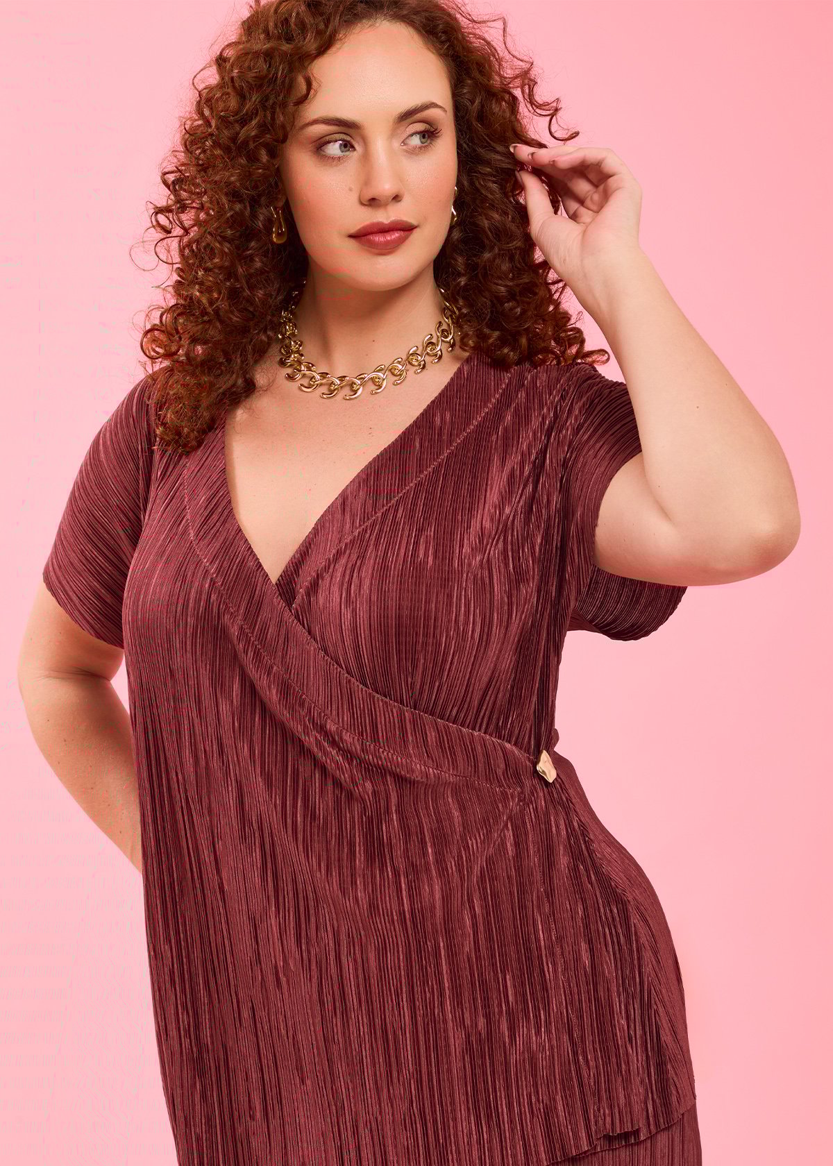 Shop Plus Size Satin Plisse Wrap Top, Multi | Taking Shape AU