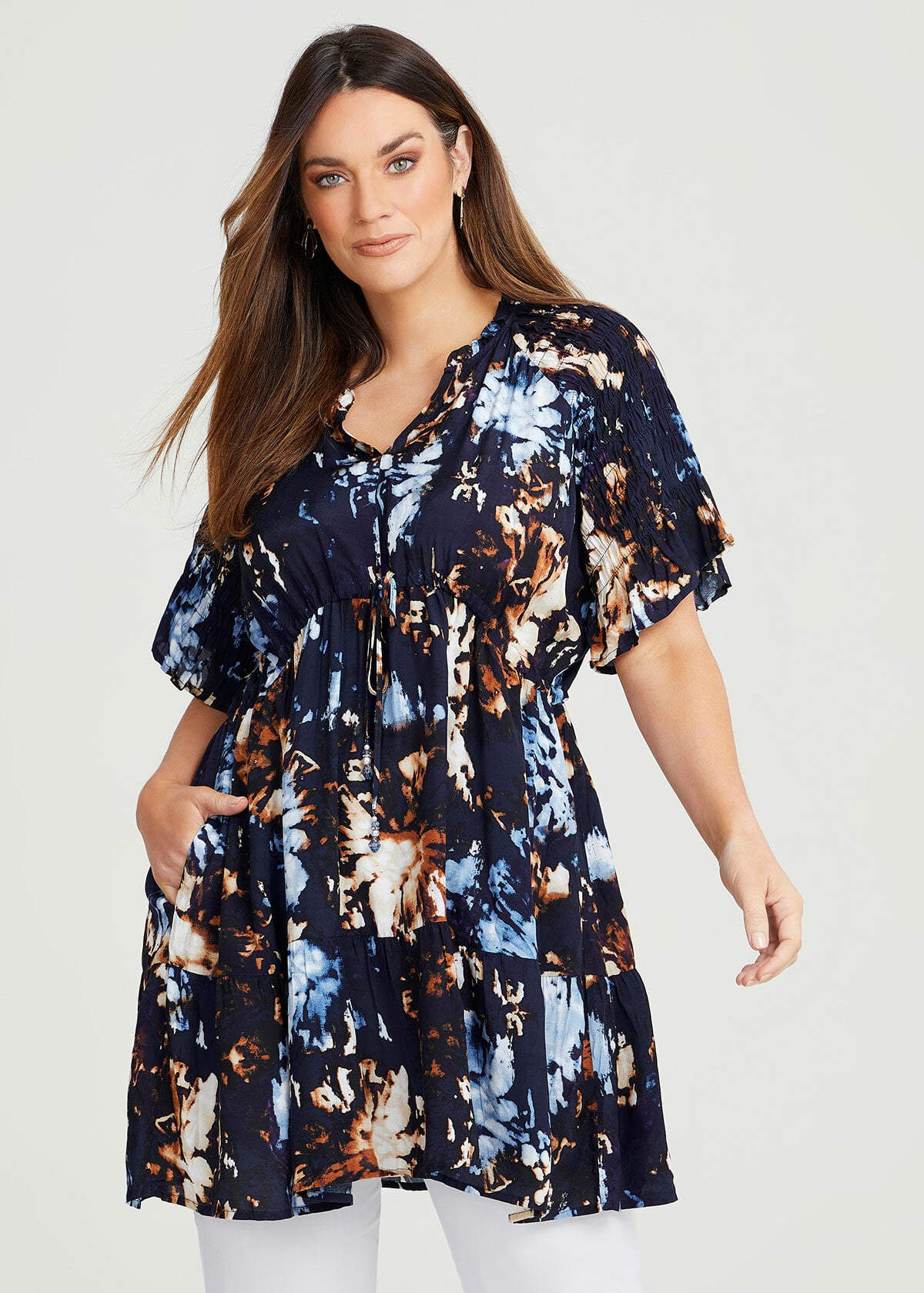Shop Plus Size Shirred Sleeve Natural Tunic, Multi | Taking Shape AU