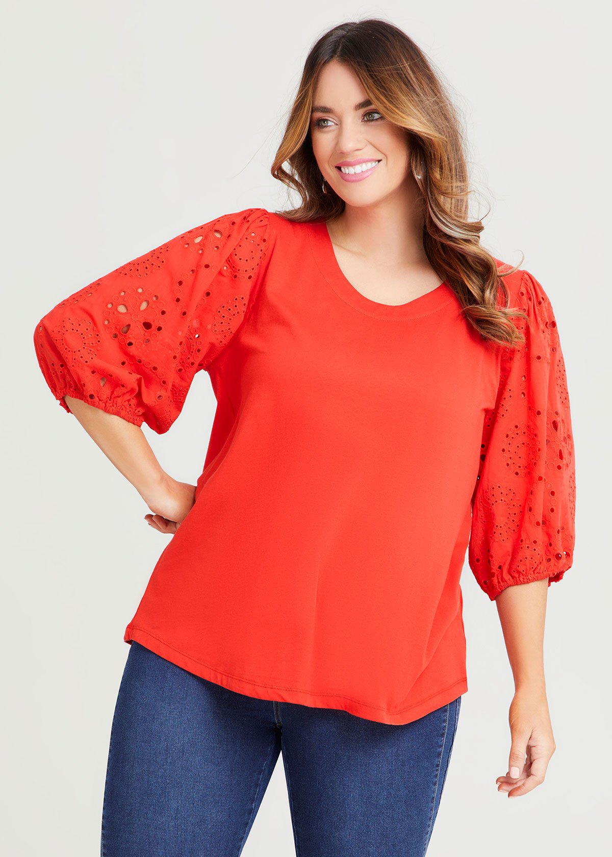 Shop Plus Size Cotton Broderie Puff Sleeve Top, Red | Taking Shape AU