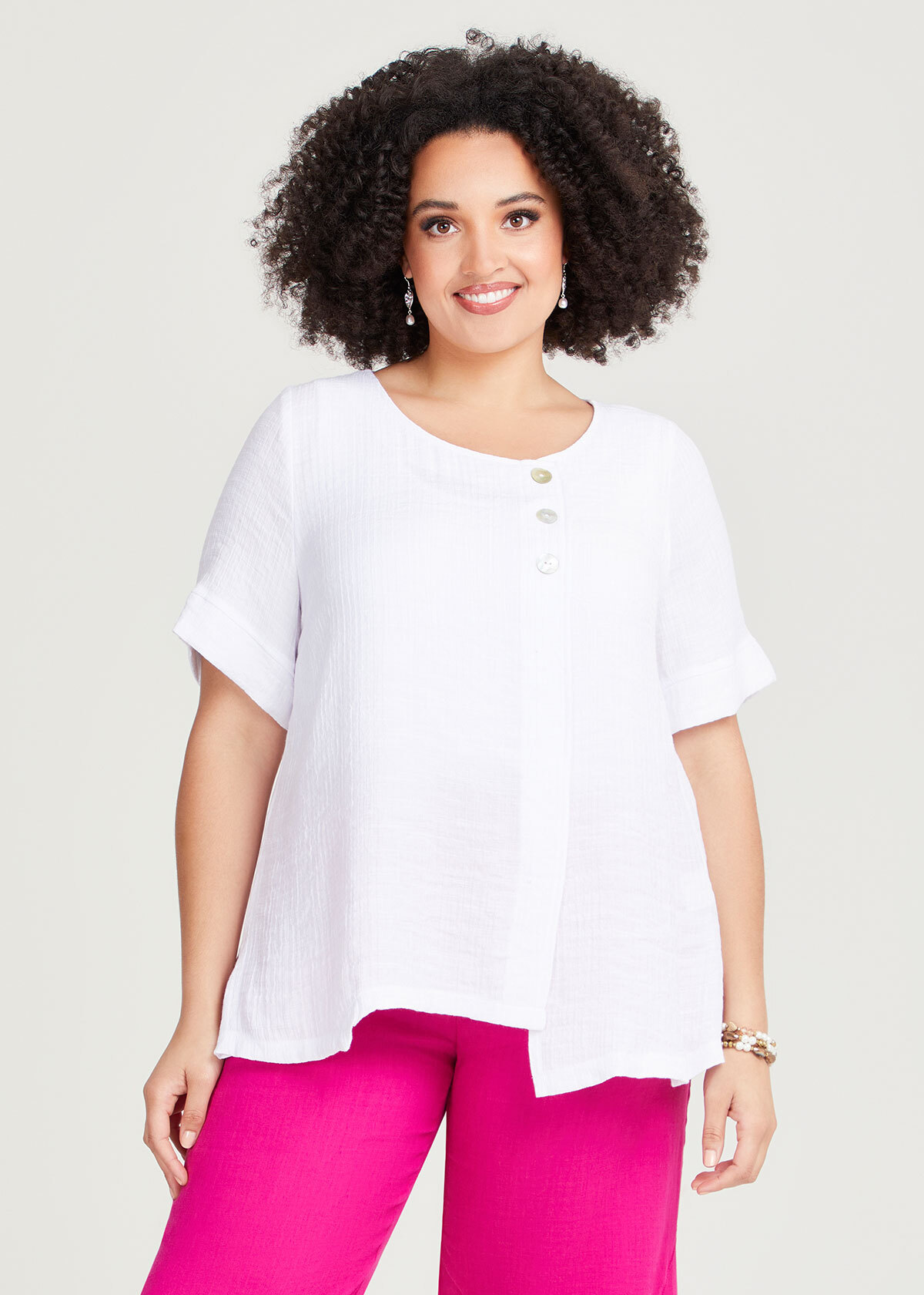 Shop Plus Size Button Detail Natural Crinkle Top, White | Taking Shape AU
