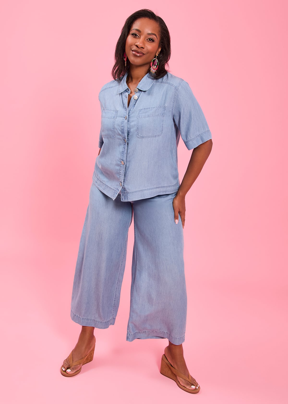 Shop Plus Size Lyocell Chambray Wide Leg Pant, Blue | Taking Shape NZ