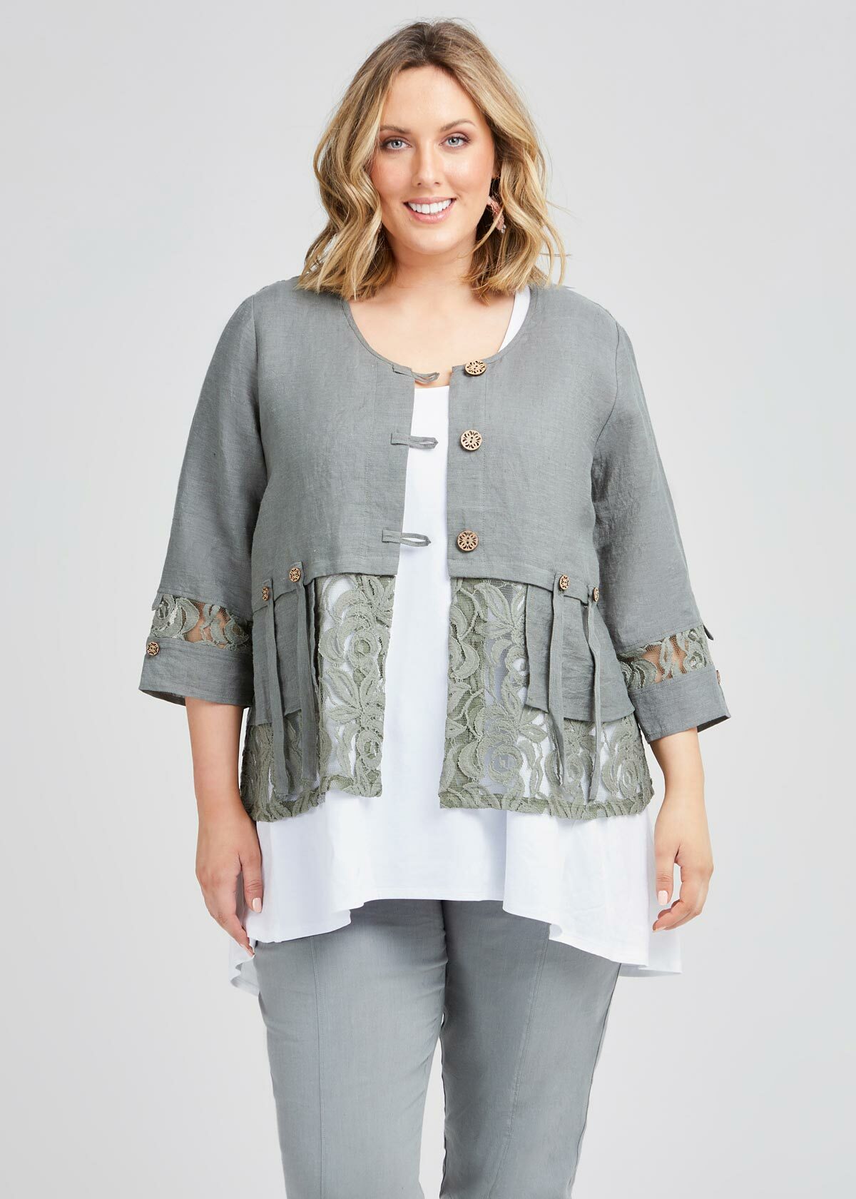 Shop Plus Size Kiki Linen & Lace Jacket, Green | Taking Shape AU