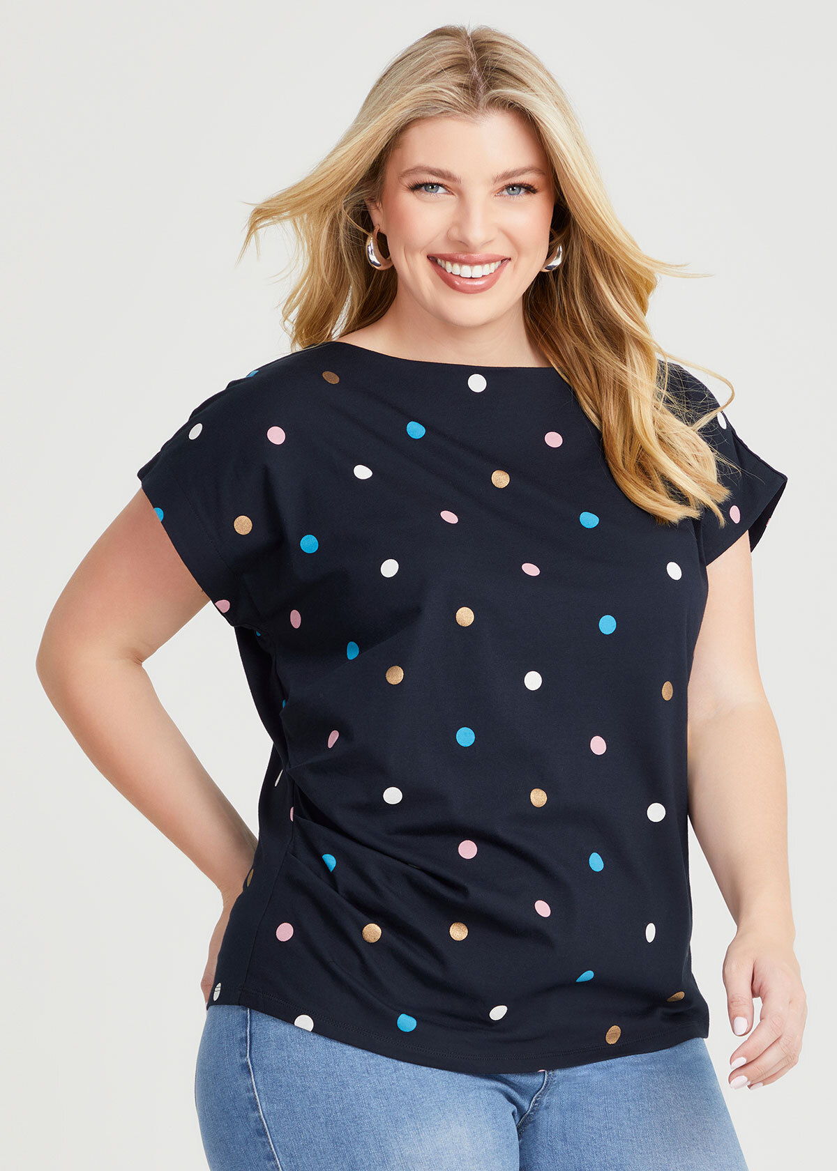 Shop Plus Size Cotton Drape Waist Spot Top, Navy | Taking Shape AU