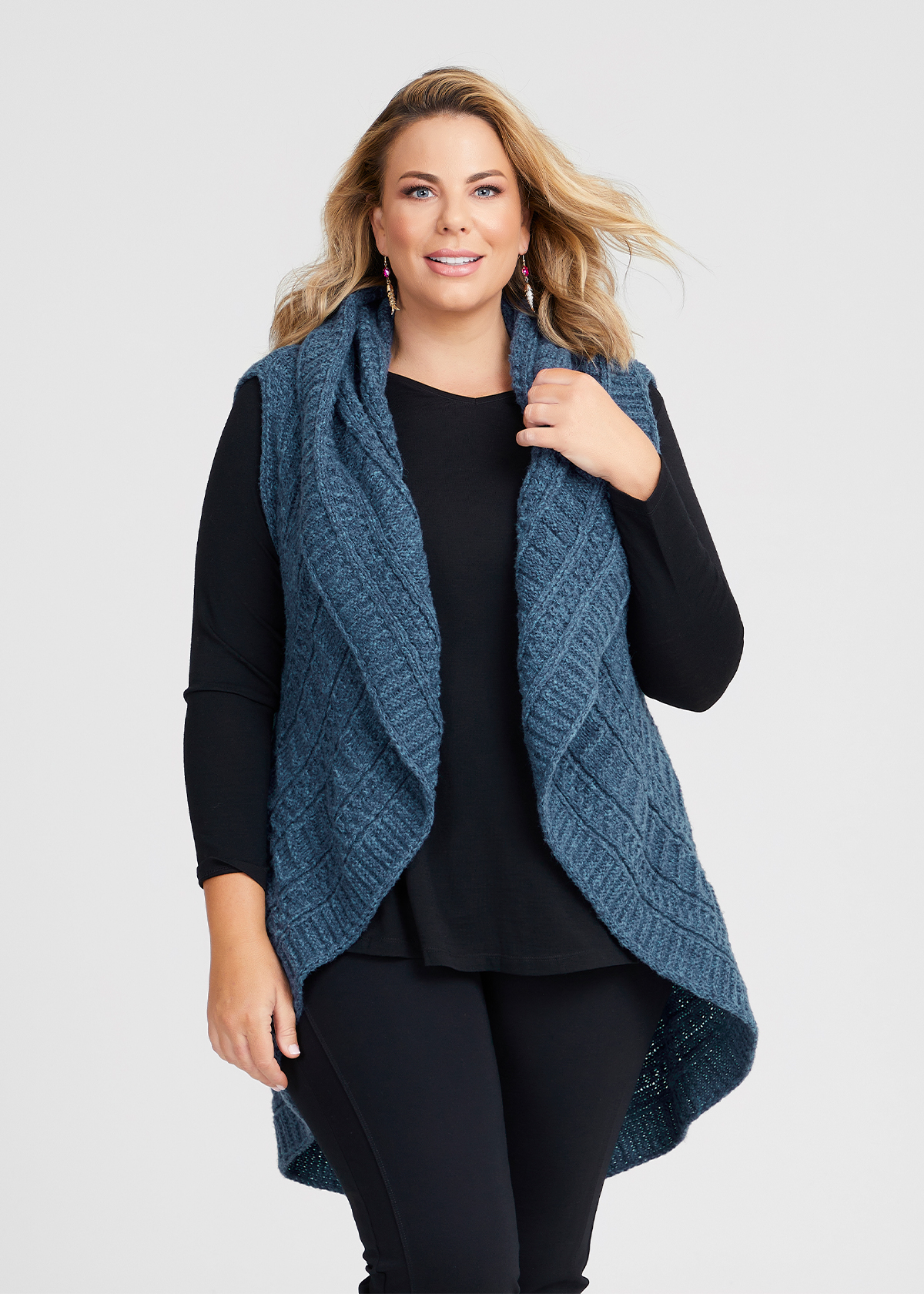 Shop Plus Size Knitted Cascading Vest, Blue | Taking Shape AU