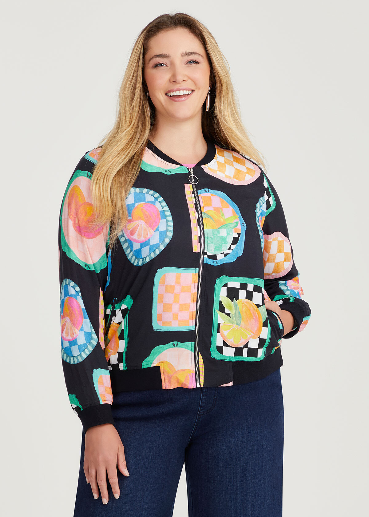 Shop Plus Size Natural Fruit Print Bomber Jacket in Multi | Taking Shape NZ