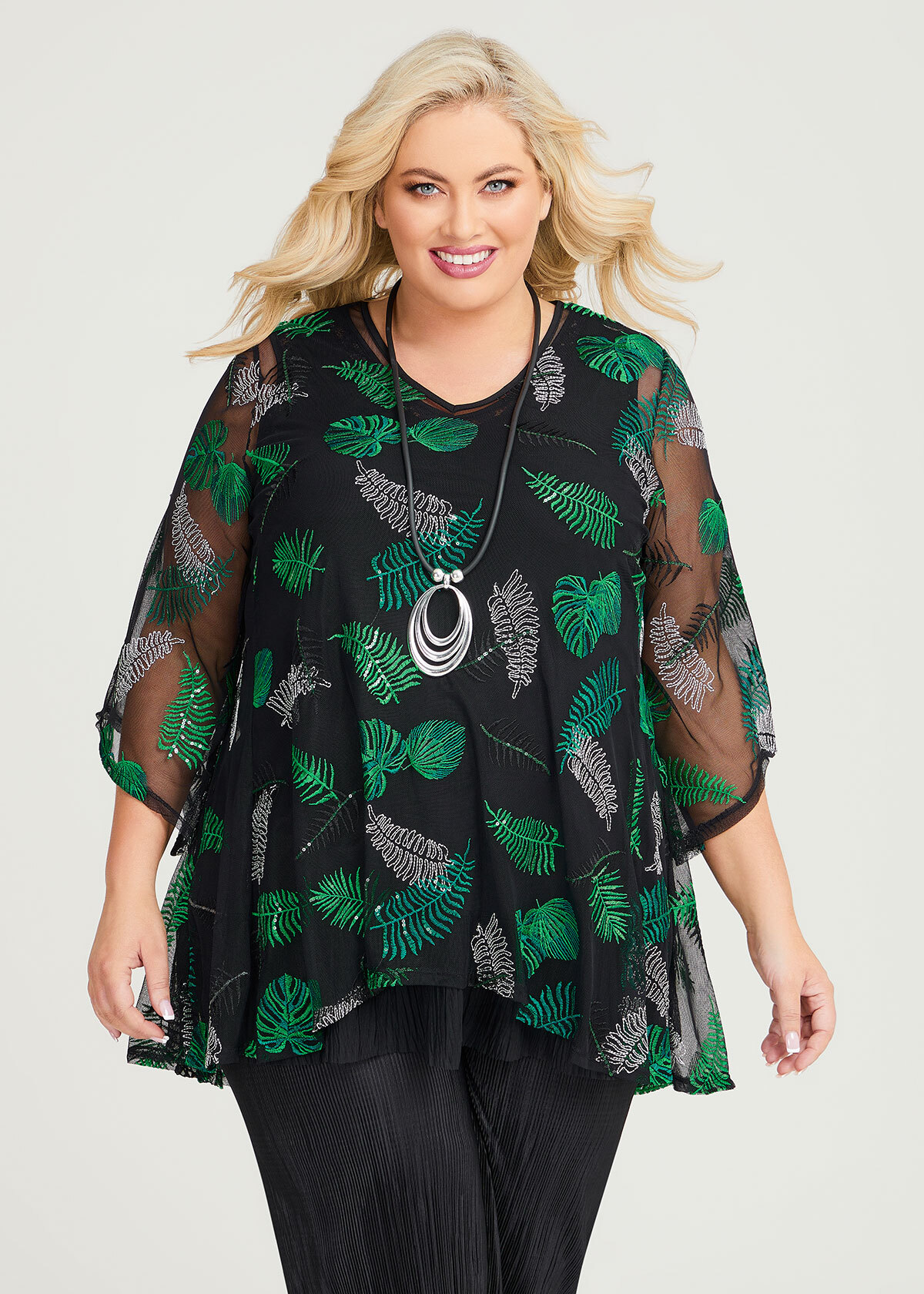 Shop Plus Size Leaf Embroidered Mesh Tunic, Black | Taking Shape AU