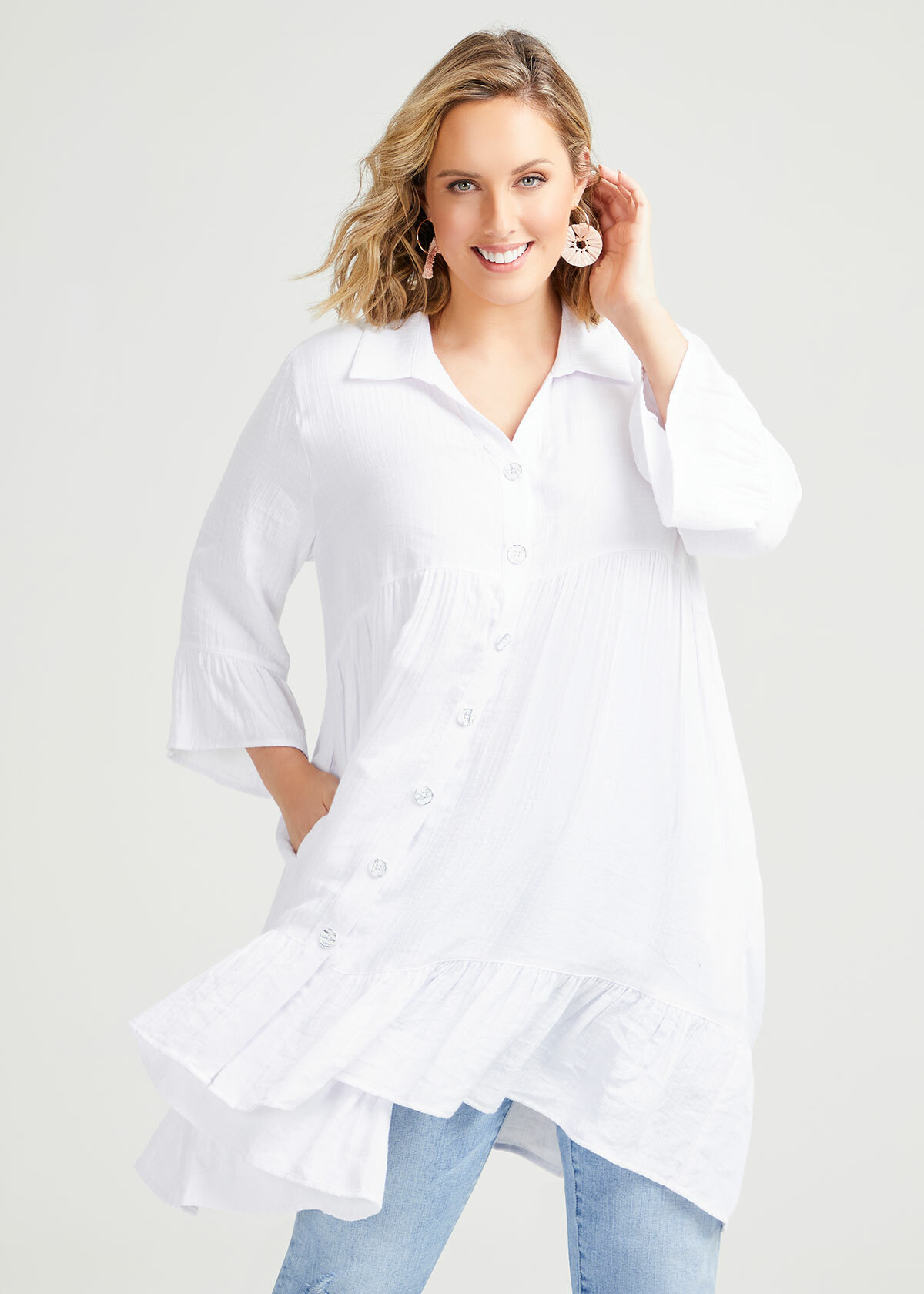 Shop Plus Size Natural Frill Shirt, White | Taking Shape AU