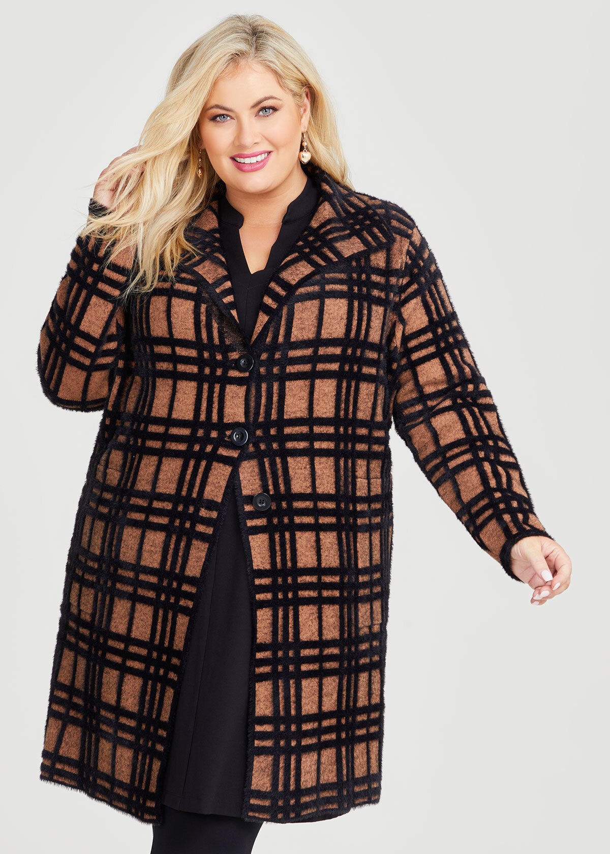 Shop Plus Size Fluffy Check Coatigan, Black | Taking Shape NZ