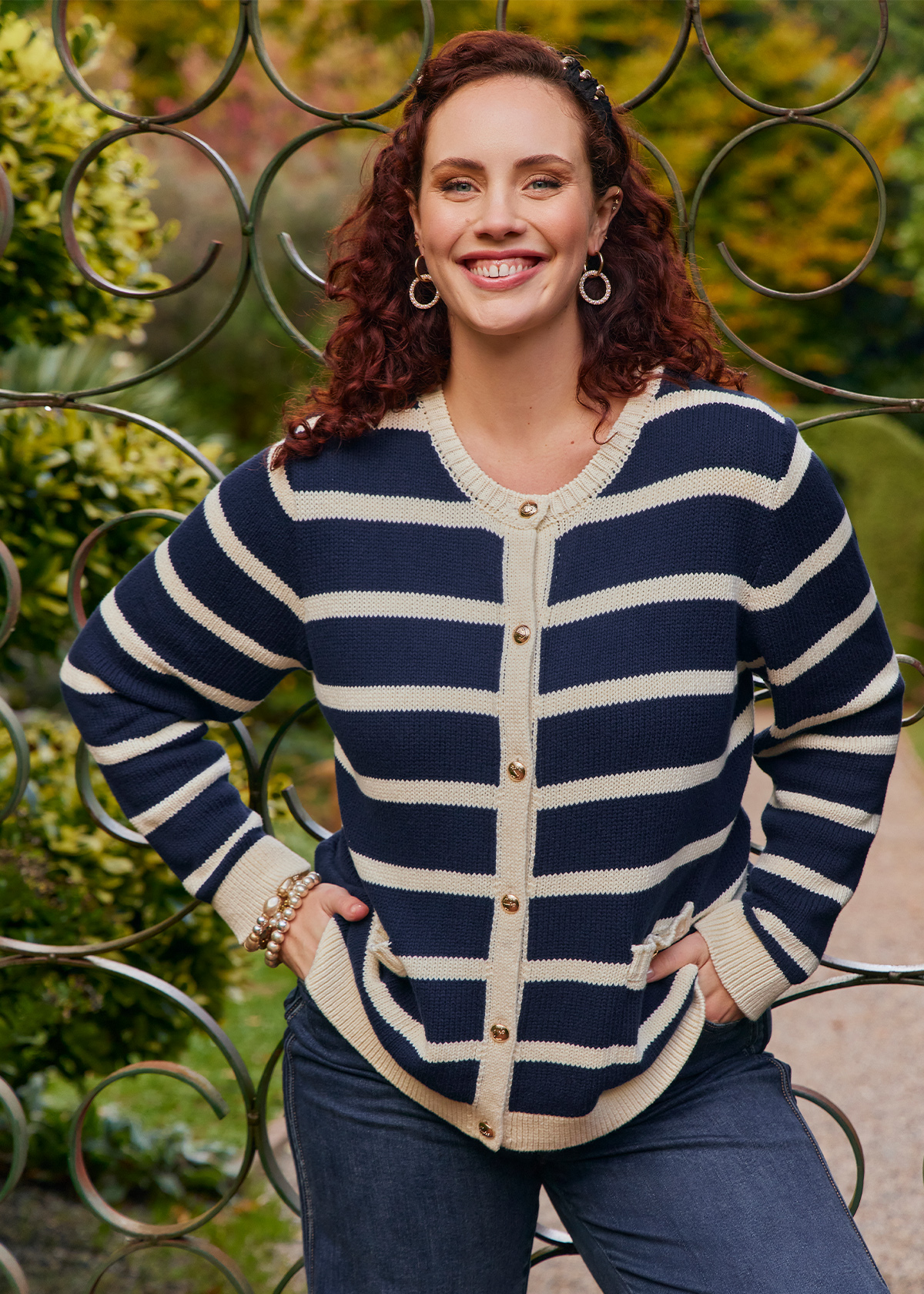 Shop Plus Size Cotton Buttoned Stripe Cardigan, Navy | Taking Shape NZ