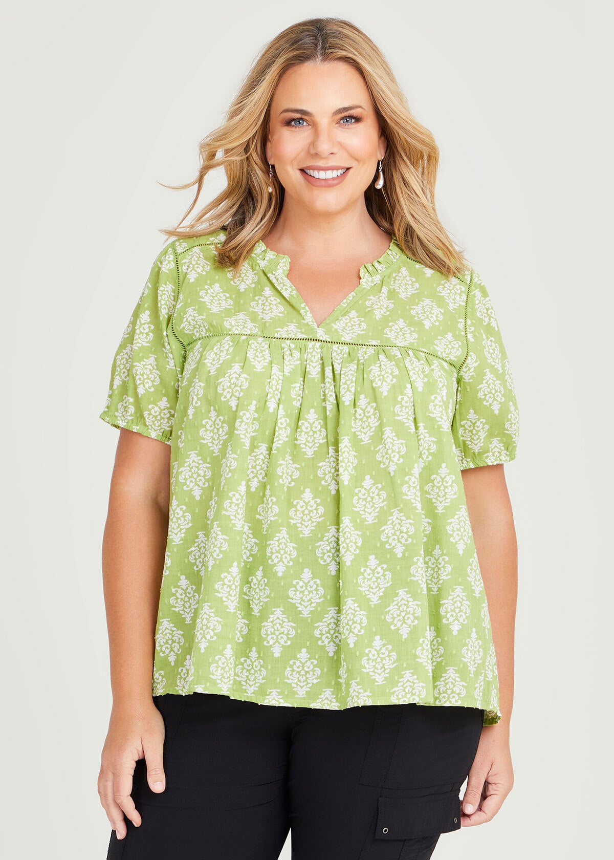 Shop Plus Size Cotton Dobby Batik Print Top, Green | Taking Shape AU