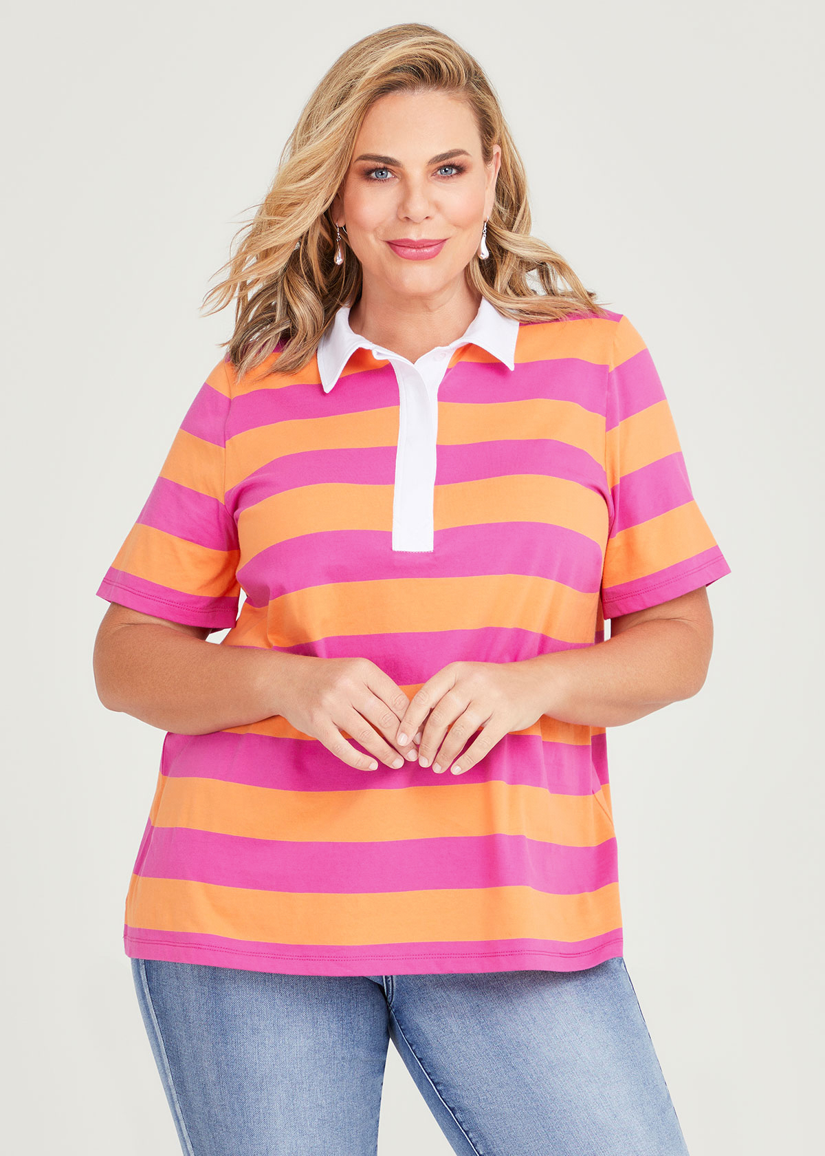 Shop Plus Size Cotton Block Stripe Polo Tee, Orange | Taking Shape AU
